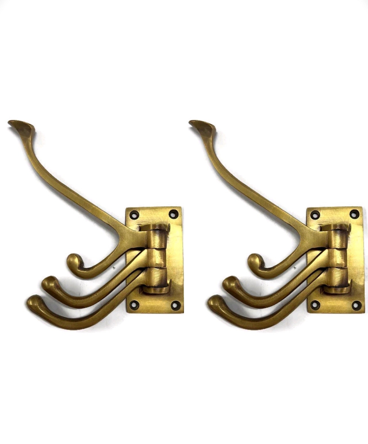 2 WALL HOOK 3 way swinging solid heavy real brass old style look screw ...