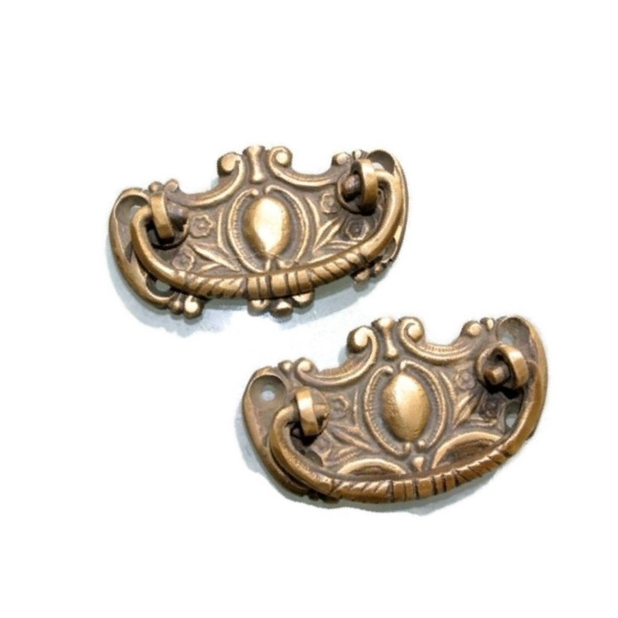 2 small heavy DRAWER pulls handle antique solid brass vintage old ...