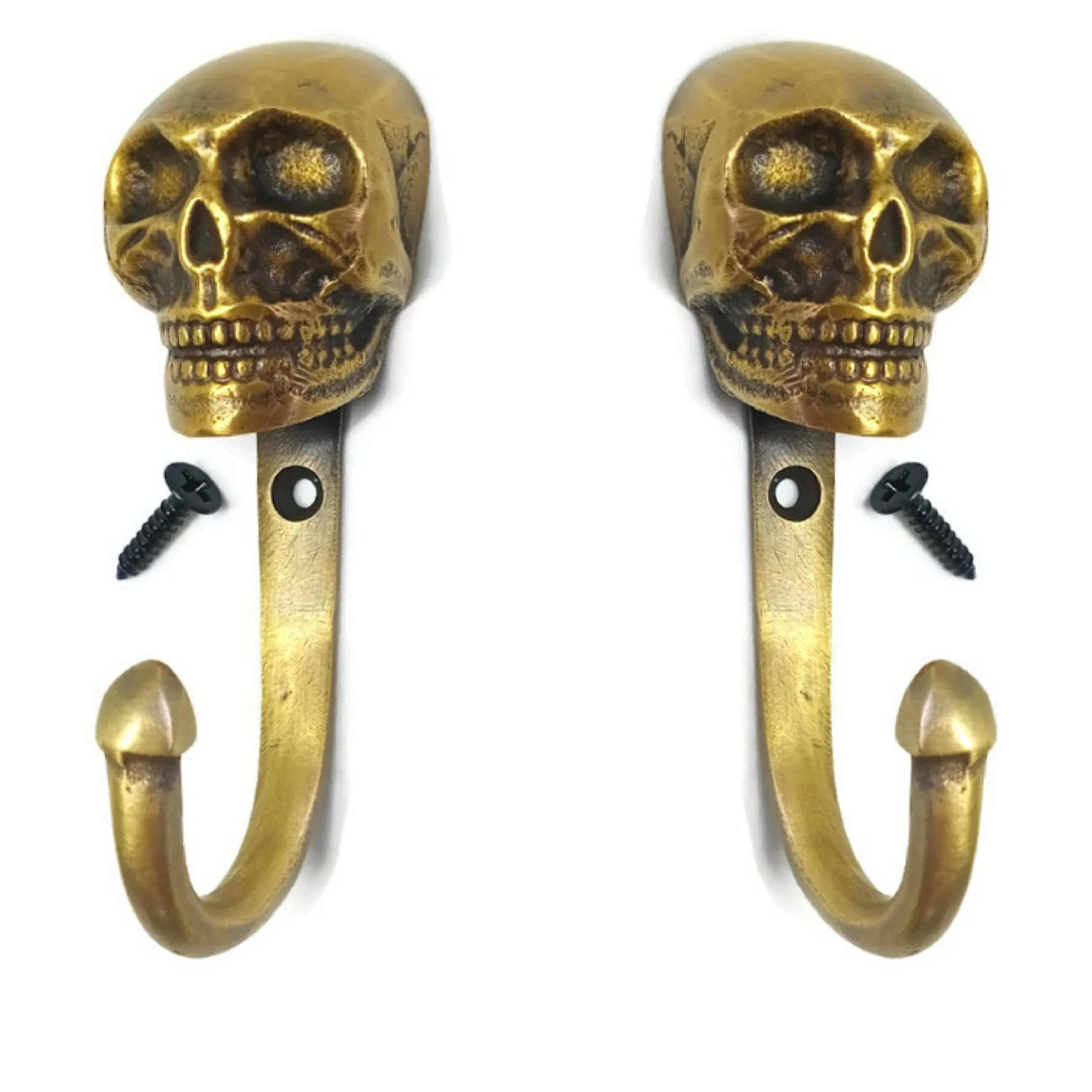 2 small 3.1/2" inches aged SKULL HOOKS solid pure 100% BRASS hollow old ...