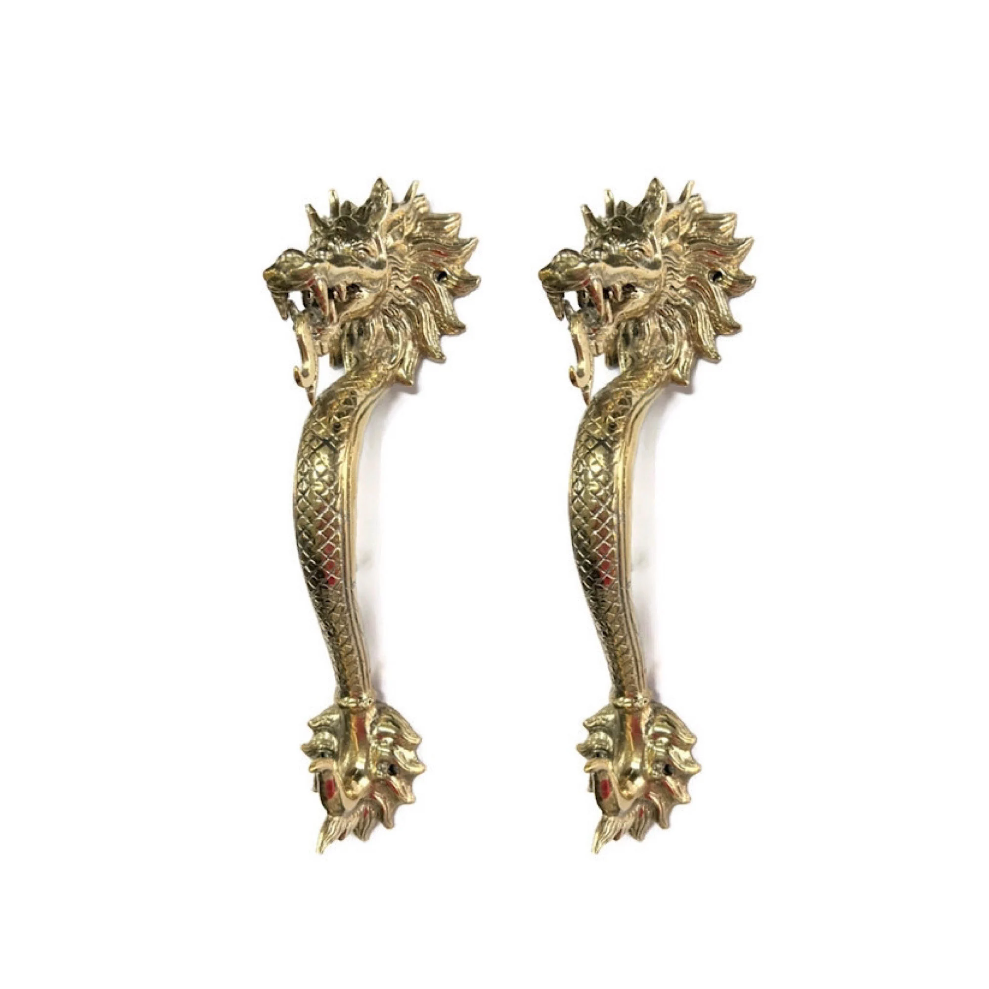 2 brass DRAGON GRABS Hand Cast Pair 10.12 inch Door Handles Pull hollow ...