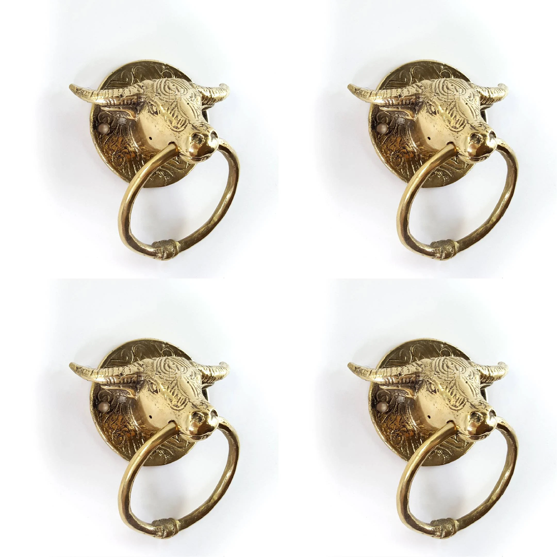4 pieces Solid brass 4 nice Buffalo Head Horn Bull Handle Pull Ring 7cm ...